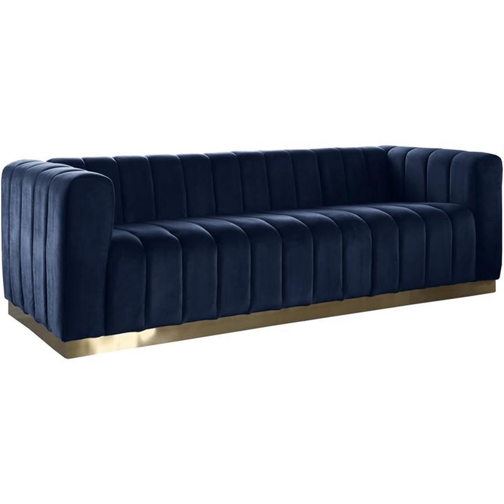 Pemberly Row Contemporary Velvet/Stainless Steel Sofa in Navy/Brushed ...