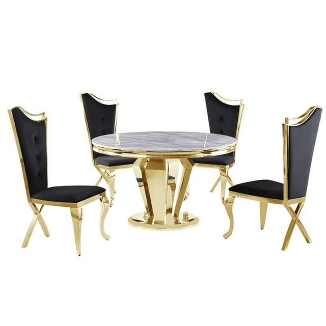 Pemberly Row Crownie Black/Gold Faux Marble Round Dining Set (5-piece ...