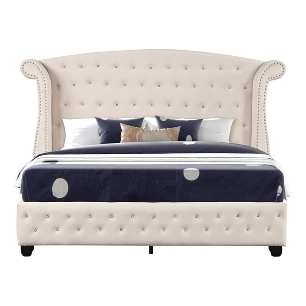 Pemberly Row Crystal Tufted Modern Full Bed made with Wood in Cream ...