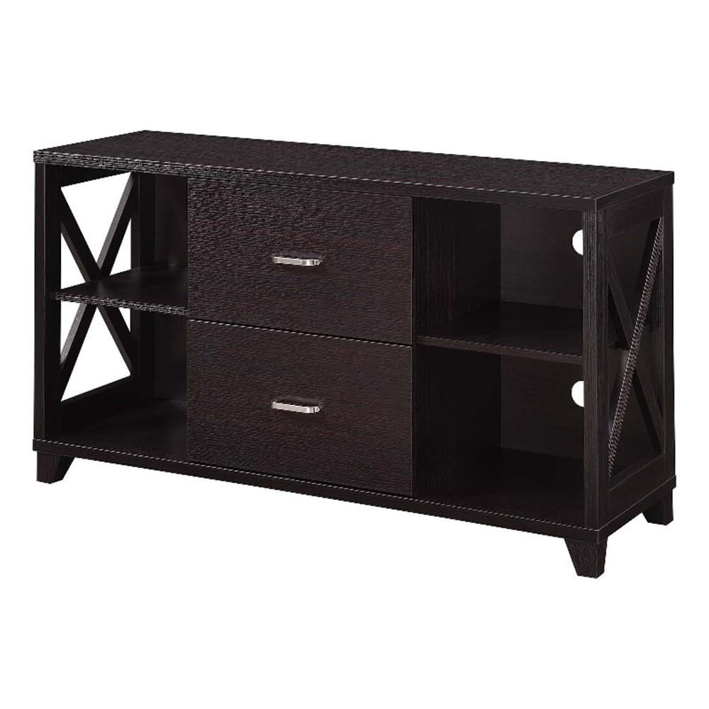 Pemberly Row Deluxe Two-Drawer TV Stand with Shelves in Espresso Wood ...