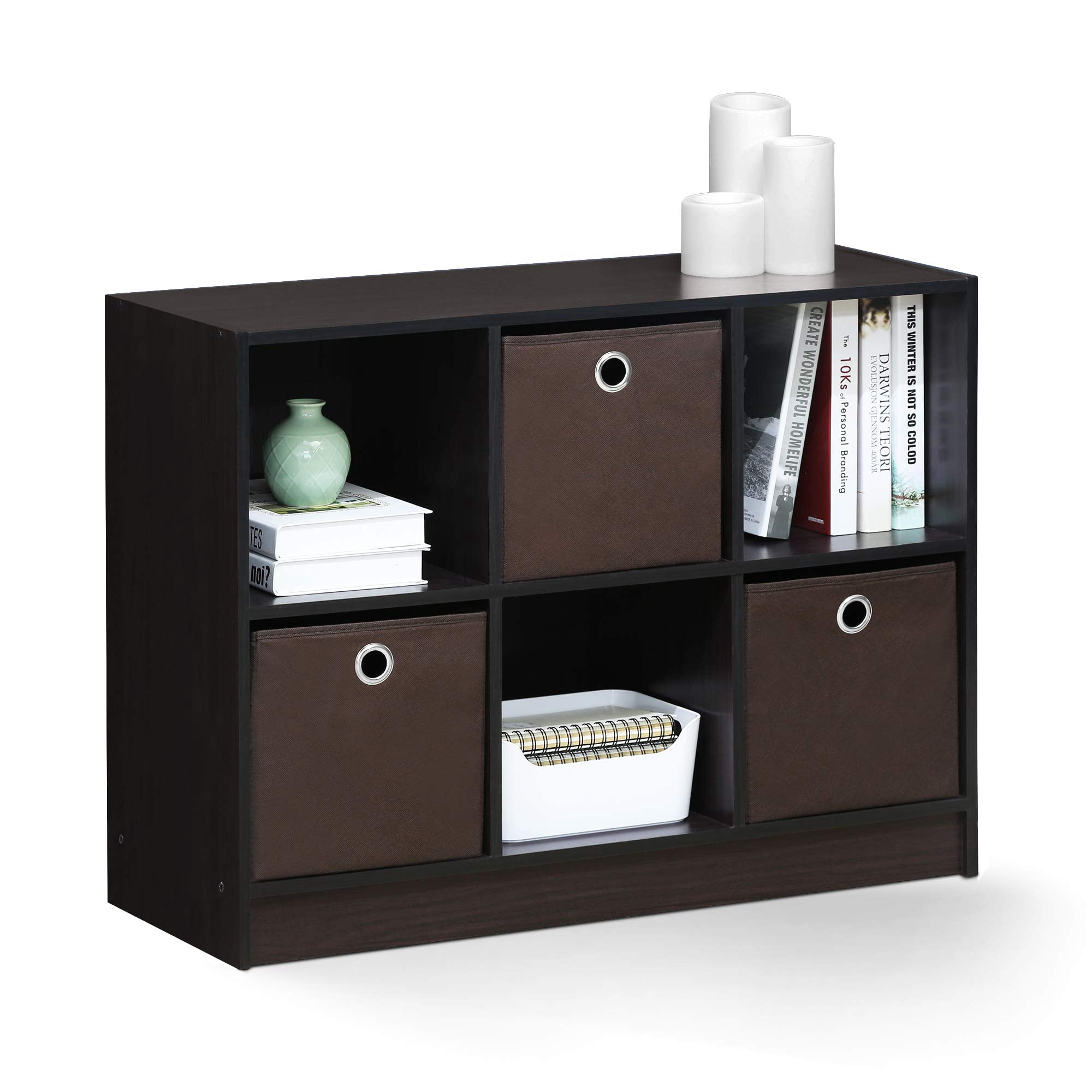 Pemberly Row Engineered Wood 3x2 Bookcase Storage w/Bins in Dark Walnut ...