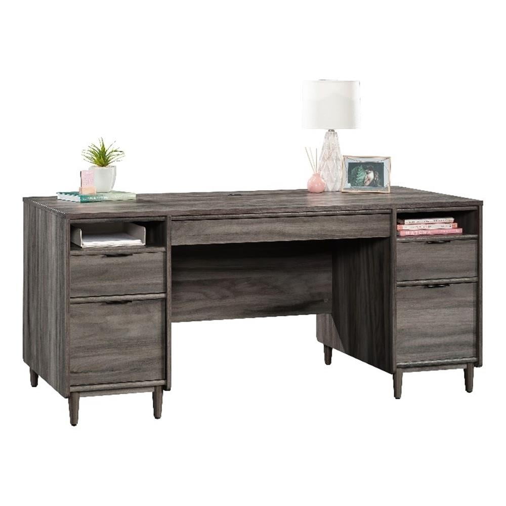 Pemberly Row Engineered Wood Executive Desk in Jet Acacia / Gray Finish ...