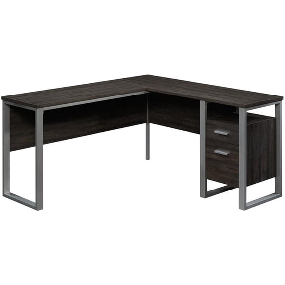 Pemberly Row Engineered Wood L-Shaped Writing Desk in Black Walnut ...