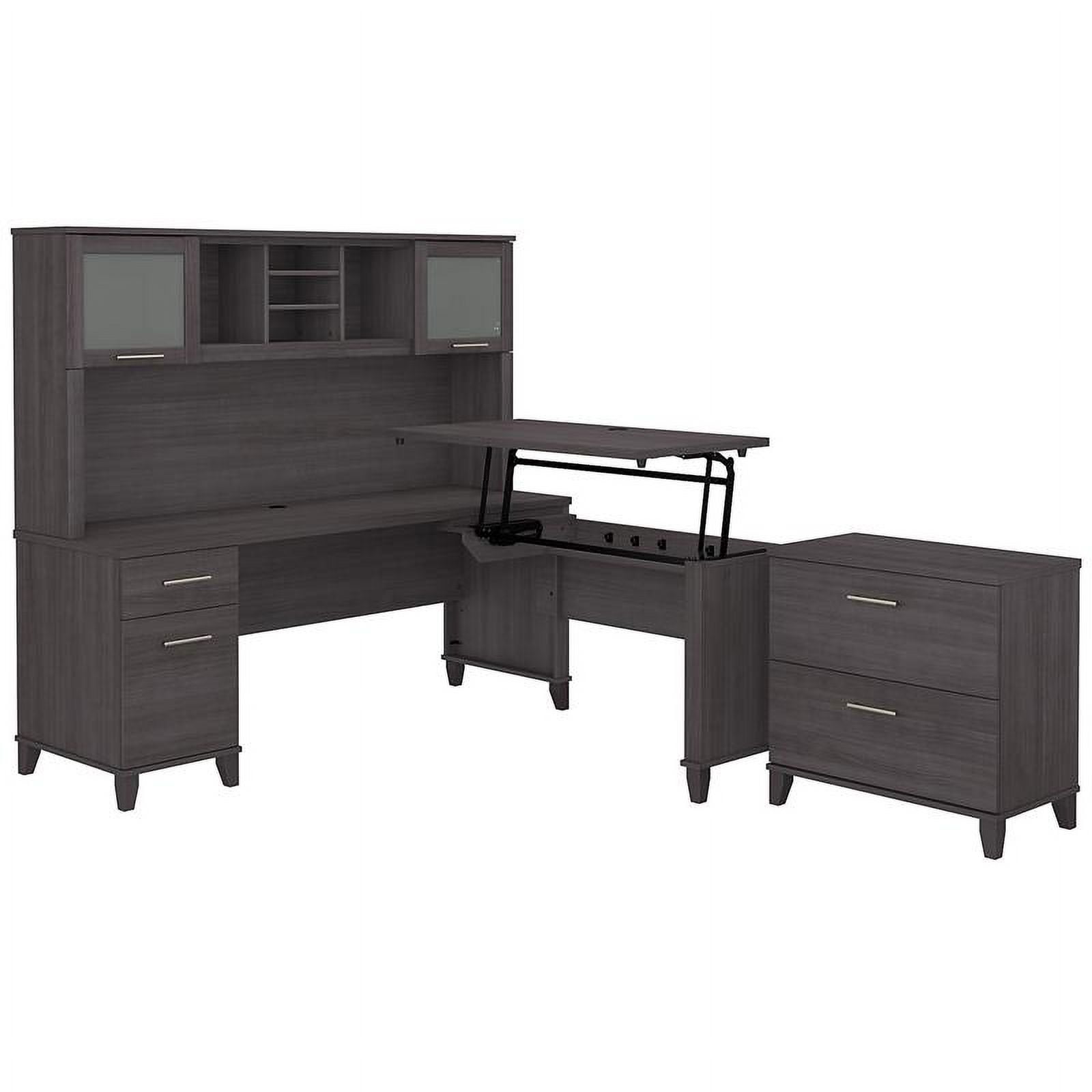 Pemberly Row Engineered Wood Sit to Stand L Desk Set & File Cabinet ...