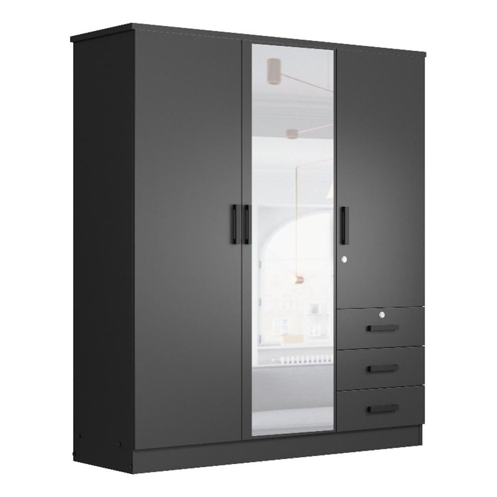 Pemberly Row Engineered Wood Wardrobe Armoire with Mirror in Black ...