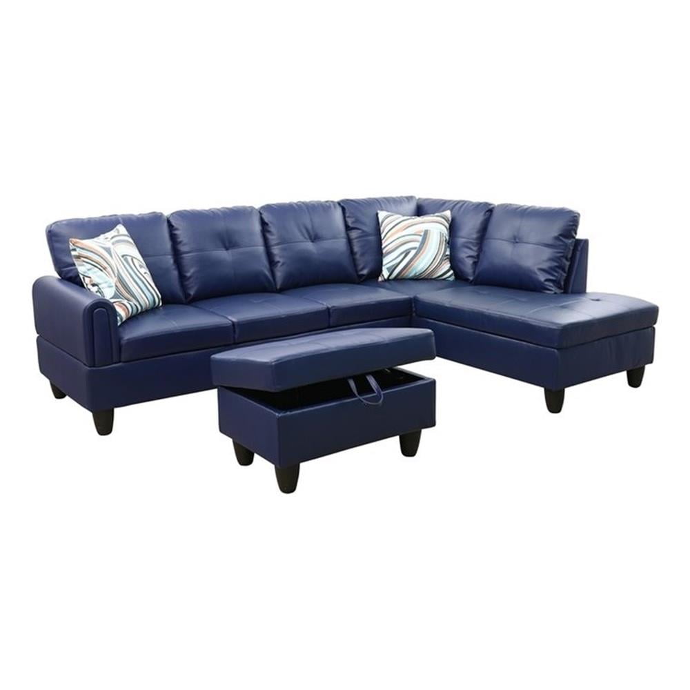 Pemberly Row Faux Leather 3-Piece Right Facing Sectional Set in Navy ...