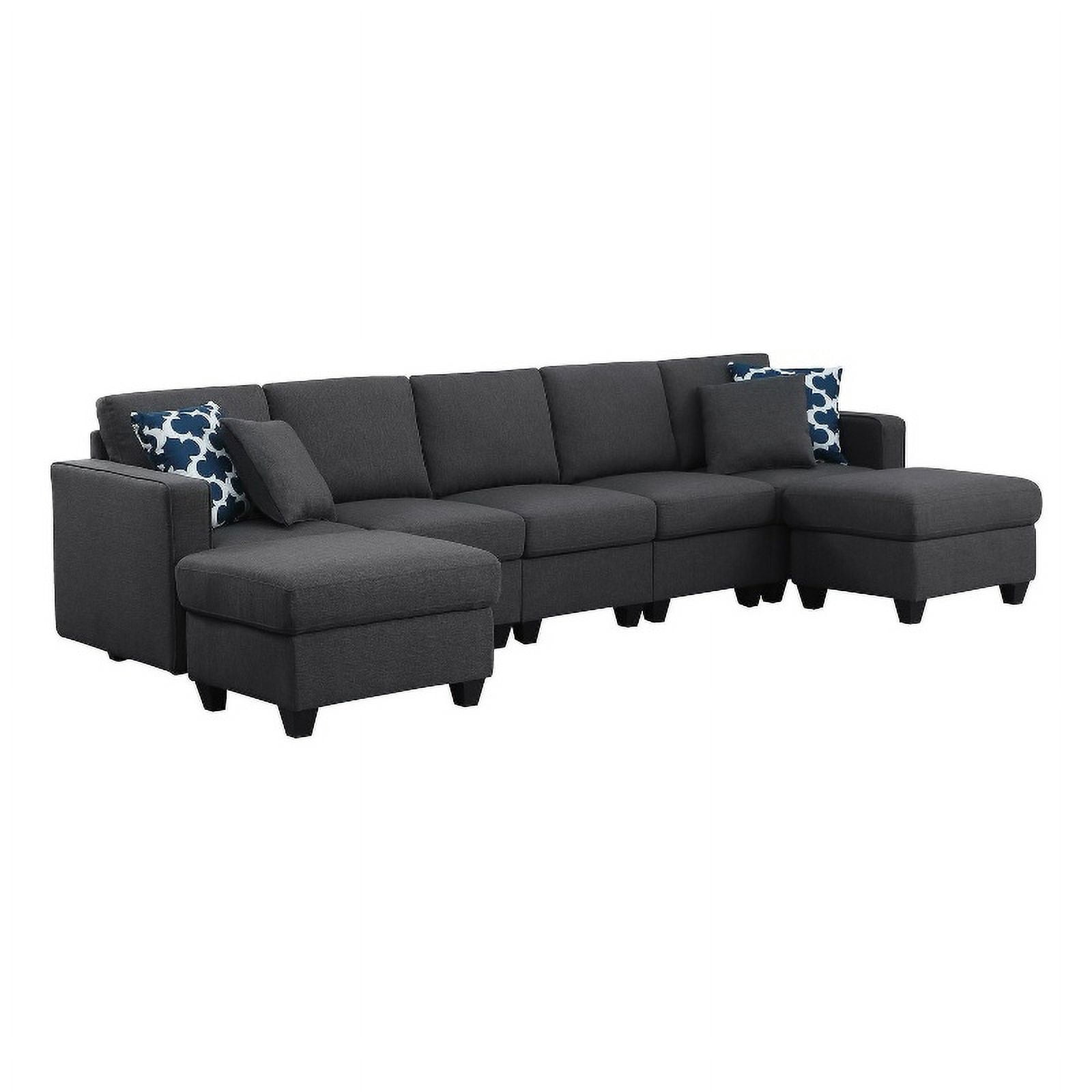 Pemberly Row Five Seat Fabric Linen Modular Sofa with Two Ottoman-Dark ...