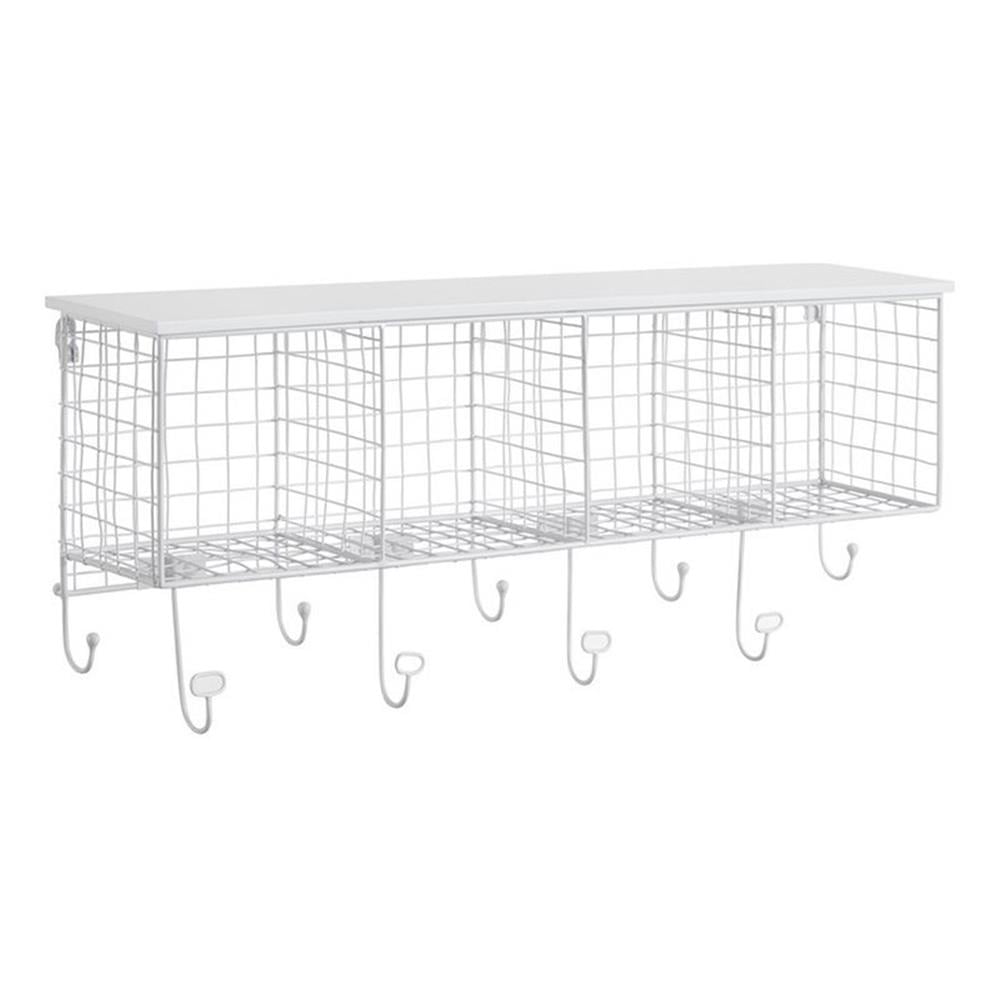 Pemberly Row Four Metal Wall Shelf with Top Shelf and 9 Hooks in White ...