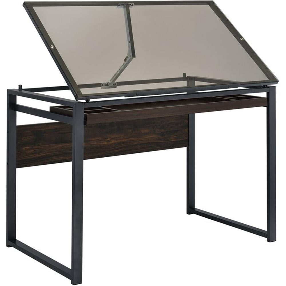 Pemberly Row Drafting Desk with Wooden Storage, Smoked Glass Top in ...
