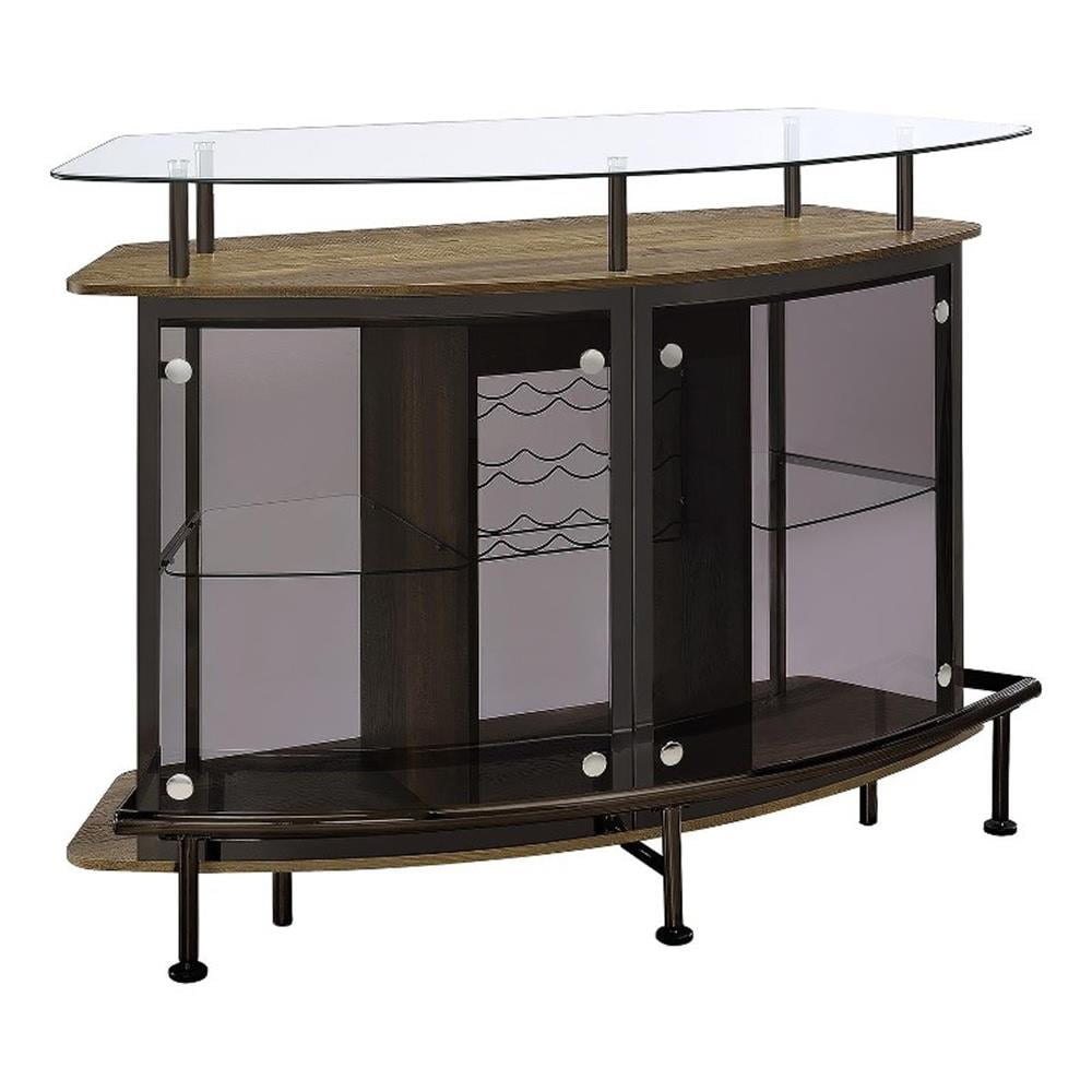 Pemberly Row Glass Top Wood Bar Unit Brown Oak and Black Nickel ...