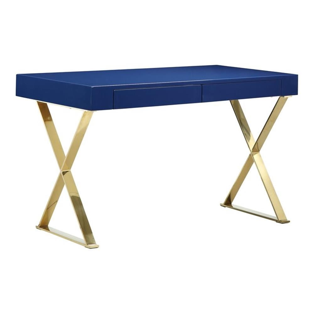 Pemberly Row Gloss Lacquer & High Polished Steel Metal Desk in Navy ...