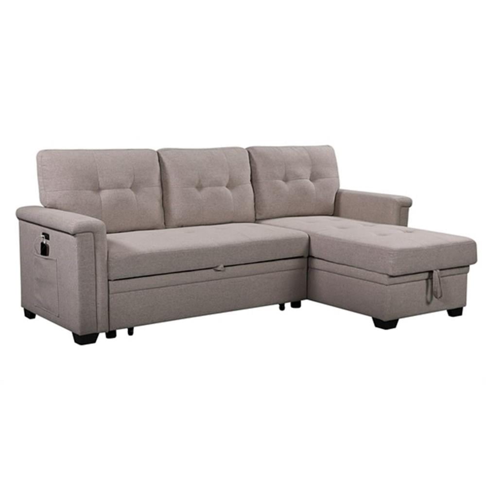 Pemberly Row Gray Fabric Reversible Sleeper Sofa USB Charger Storage ...