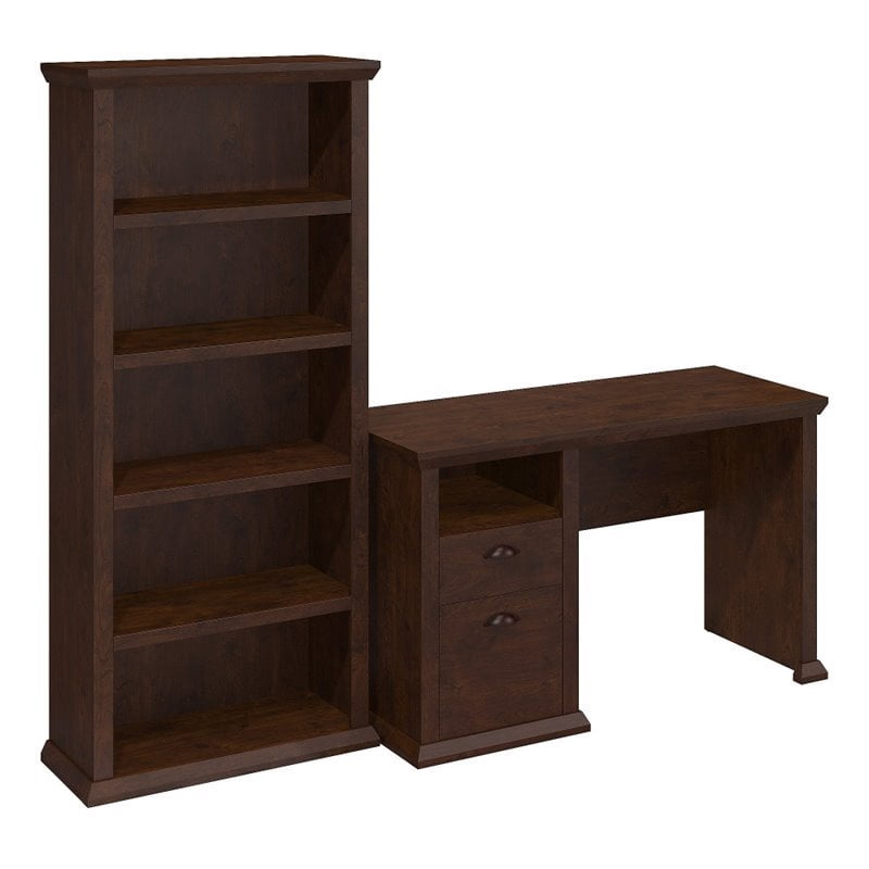 Pemberly Row Home Office Desk and Bookcase in Antique Cherry ...
