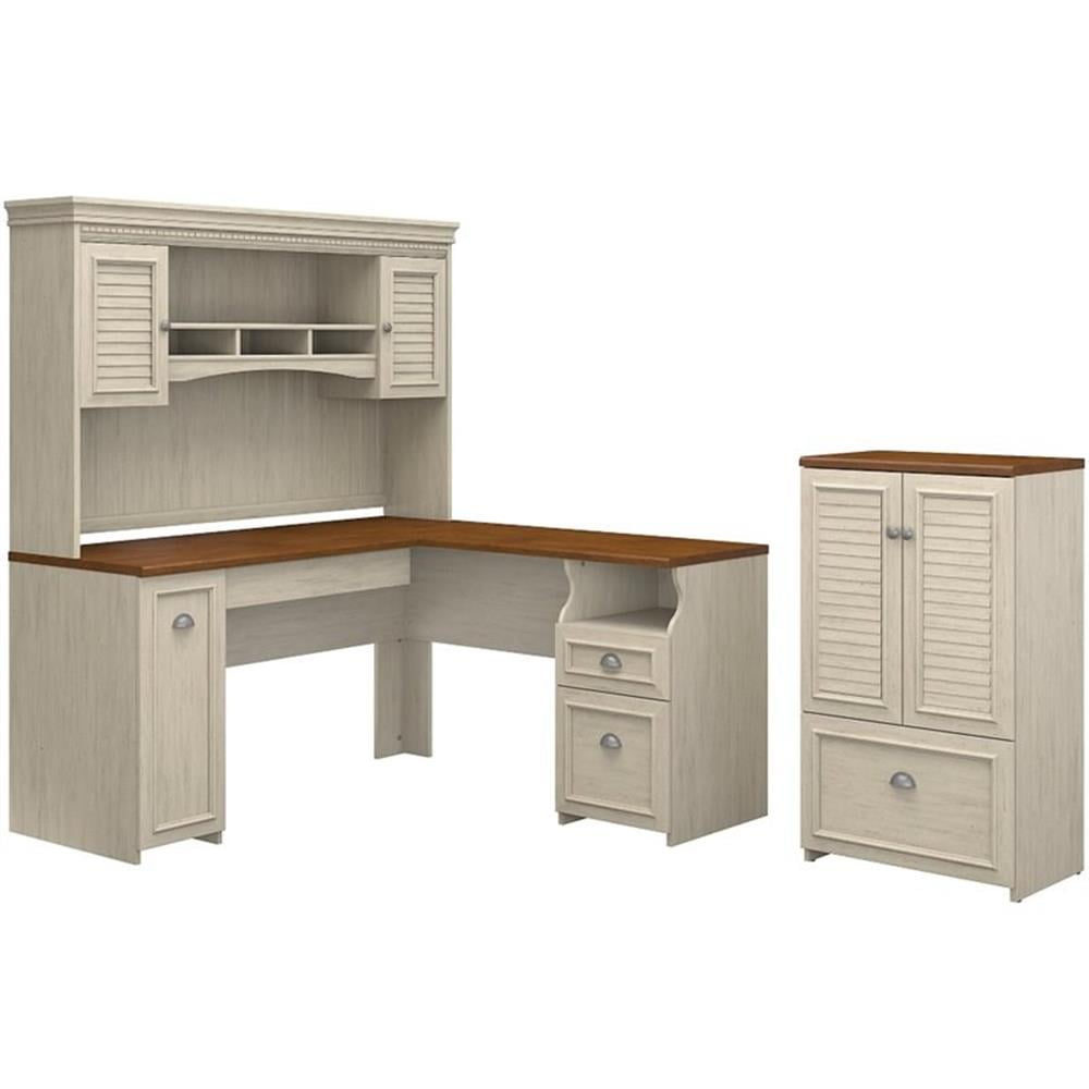 Pemberly Row L Desk with Hutch and Storage in Antique White ...