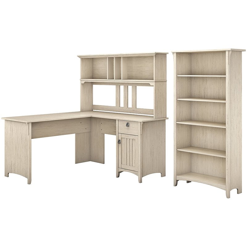 Pemberly Row L Shaped Desk with Hutch and Bookcase in Antique White ...