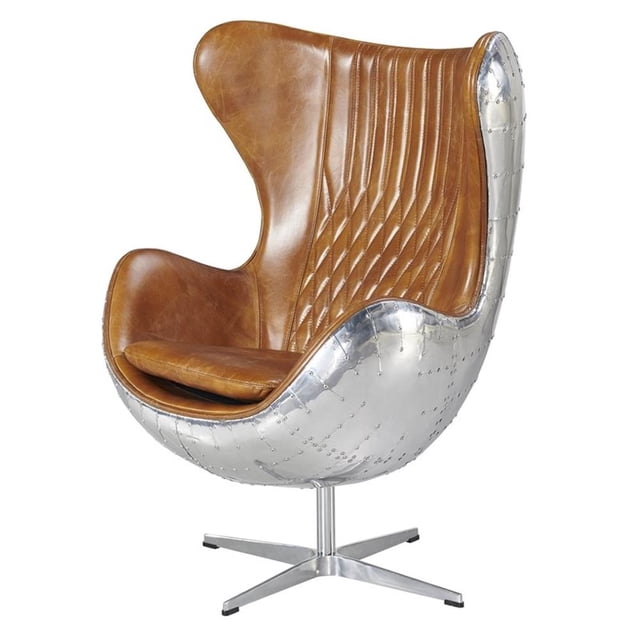 Pemberly Row Leather & Metal Spitfire Shell Egg Chair in Brown ...