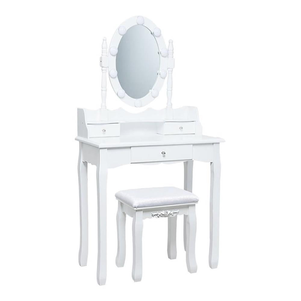 Pemberly Row MDF Vanity Dressing Table Set with 2 Side Drawers in White ...