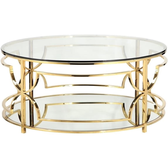 Pemberly Row Metal Round Coffee Table with Glass in Polished Gold ...