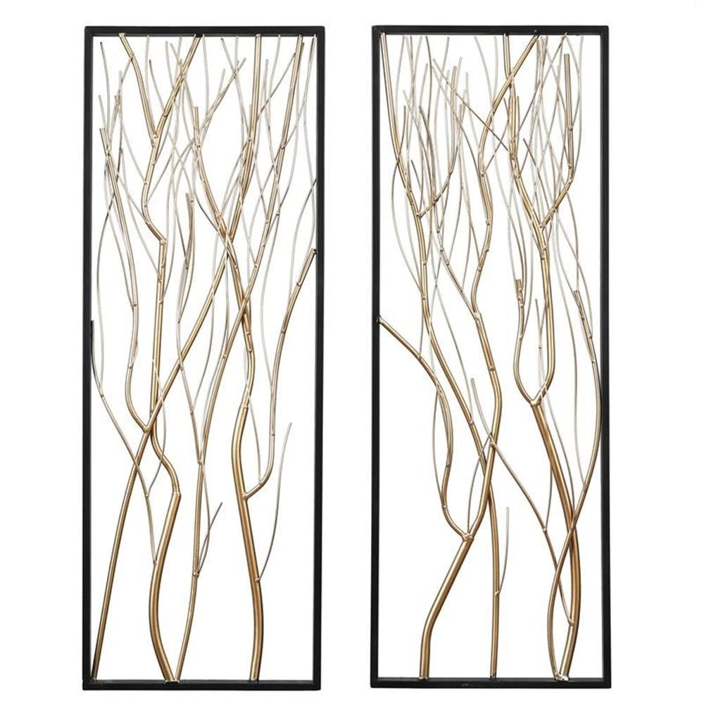 Pemberly Row Metal Wall Decor with Gold Branches and Black Frame (Set ...