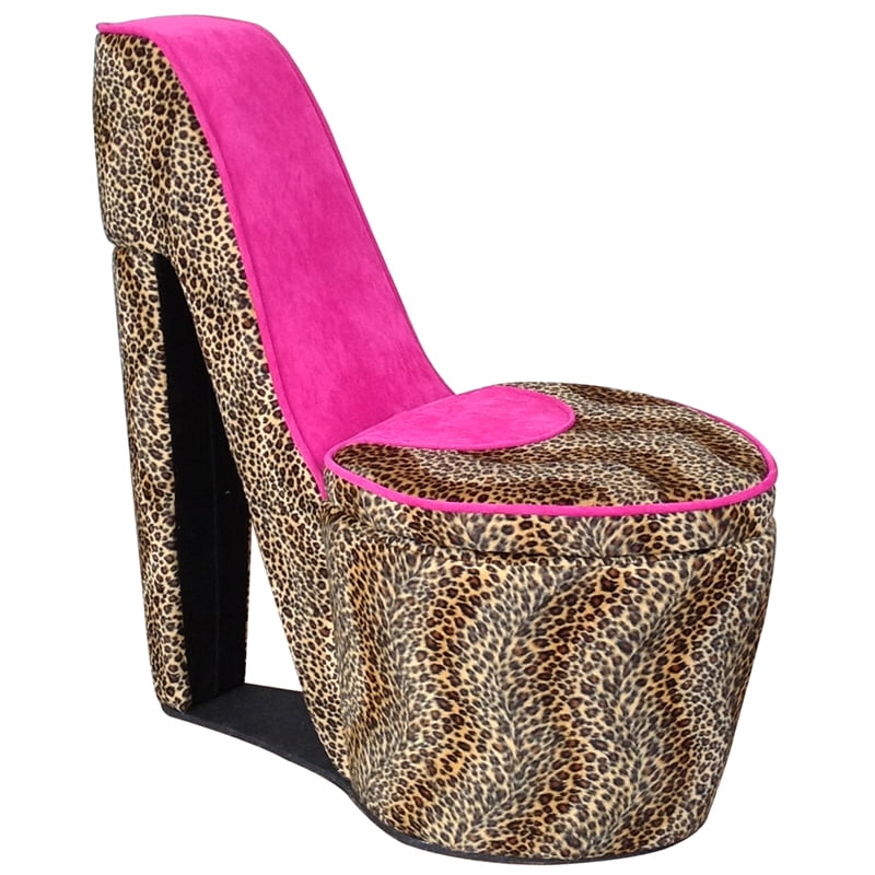 Pemberly Row Pink Cheetah High Heel Storage Accent Chair, Wood Frame ...