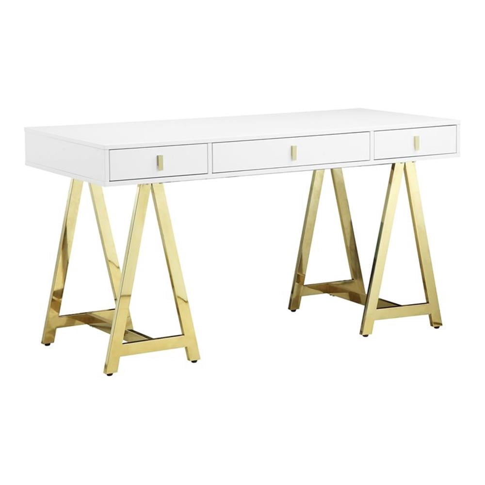 Pemberly Row Modern Lacquer & Steel Metal Desk in White/Gold - Walmart.com