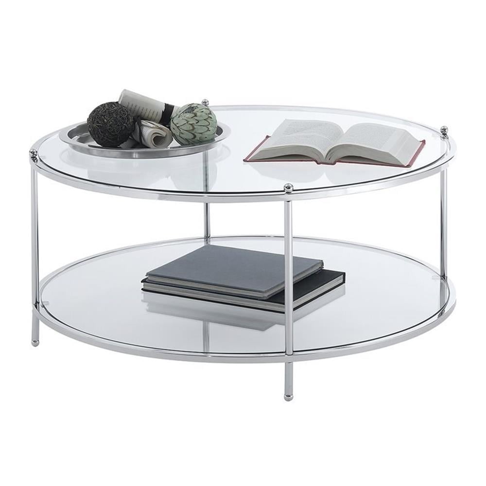 Pemberly Row Modern Round Glass Coffee Table in Chrome Metal Frame ...