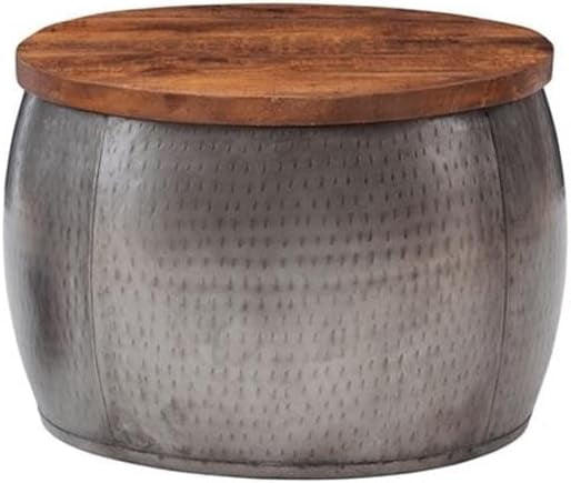 Pemberly Row Modern Small Wood and Metal Drum Table with Storage in ...