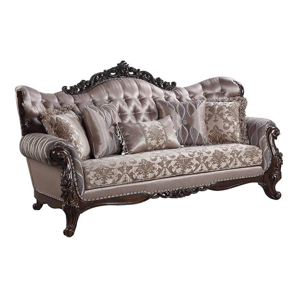 Pemberly Row Modern Sofa with 5 Pillows in Taupe and Antique Oak ...