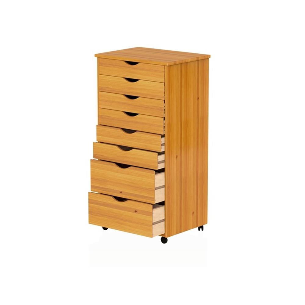 Pemberly Row Modern Hardwood 6+2 Drawers Wide Roll Utility Cart in Med ...
