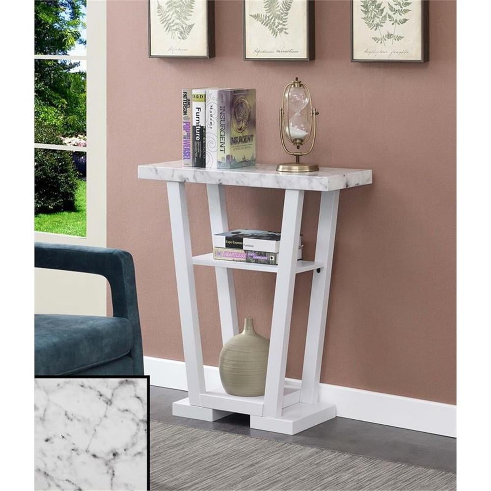 Pemberly Row Modern V Console Table in White Wood and Faux Marble Top ...