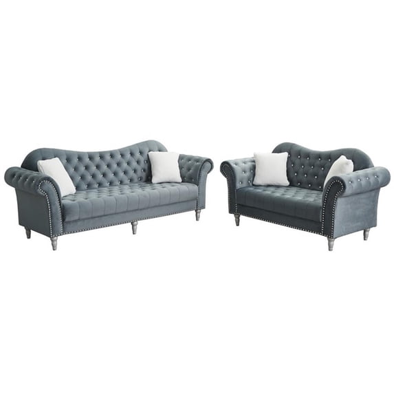 Pemberley Row Velvet Dark Grey Sofa and Loveseat Set Tufted 88.6 ...