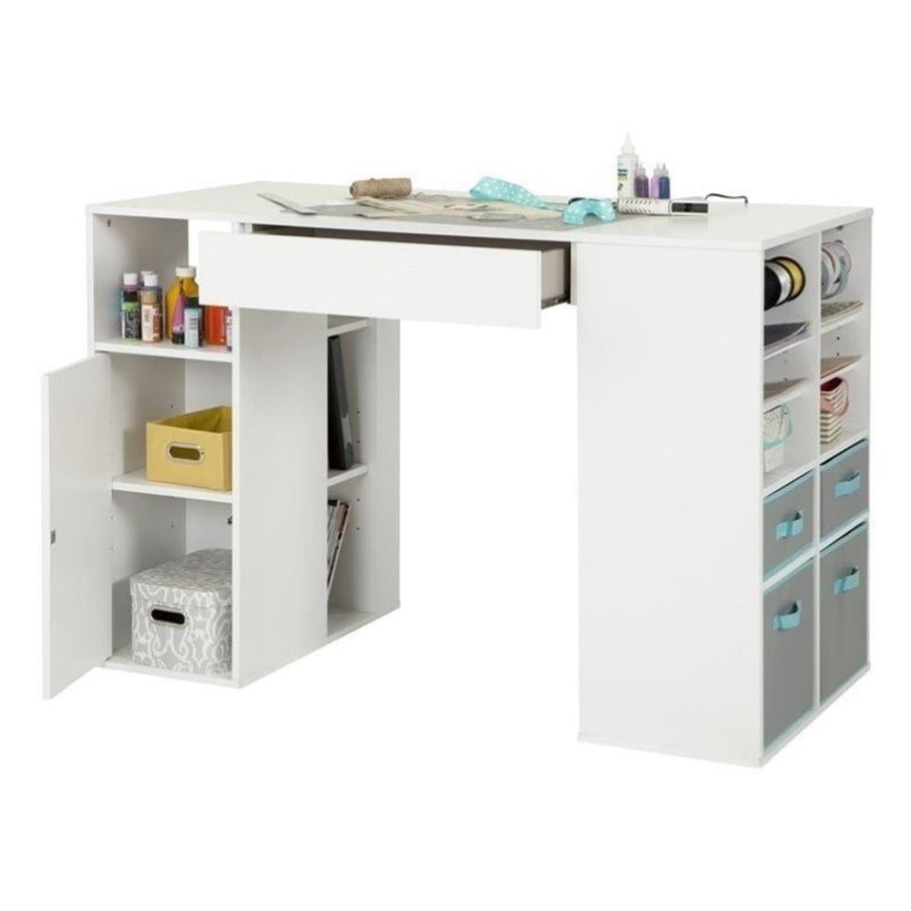 Pemberly Row Modern Wood Storage Counter Height Craft Table in White ...