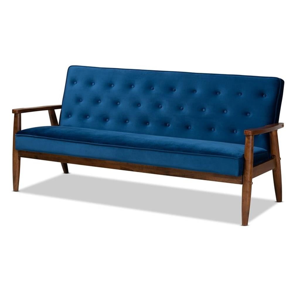Pemberly Row Navy Blue Velvet Upholstered Walnut Wood 3-seater Sofa ...