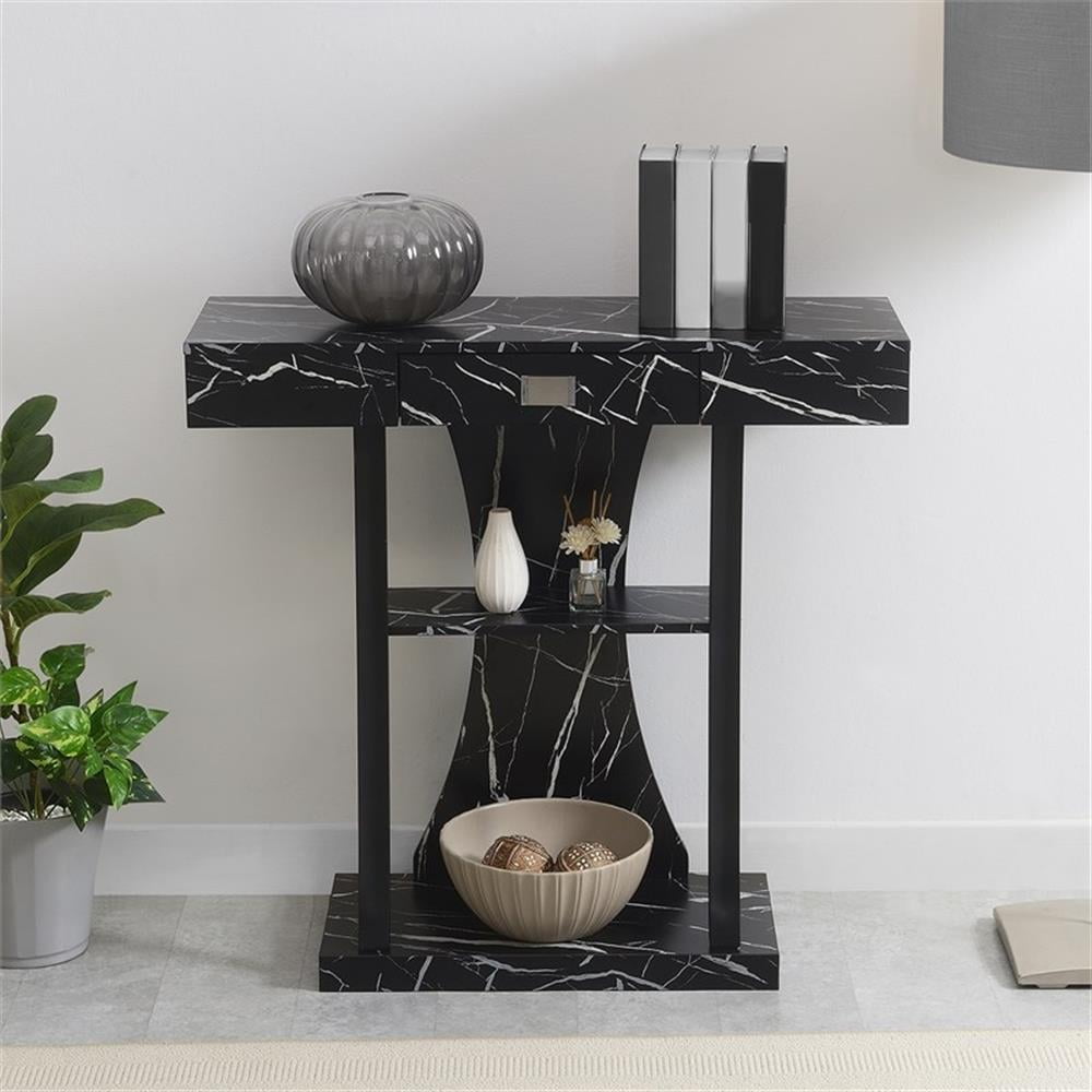 Pemberly Row One-Drawer Harri Console Table w/ Shelves - Black Faux Marble Wood - Walmart.com