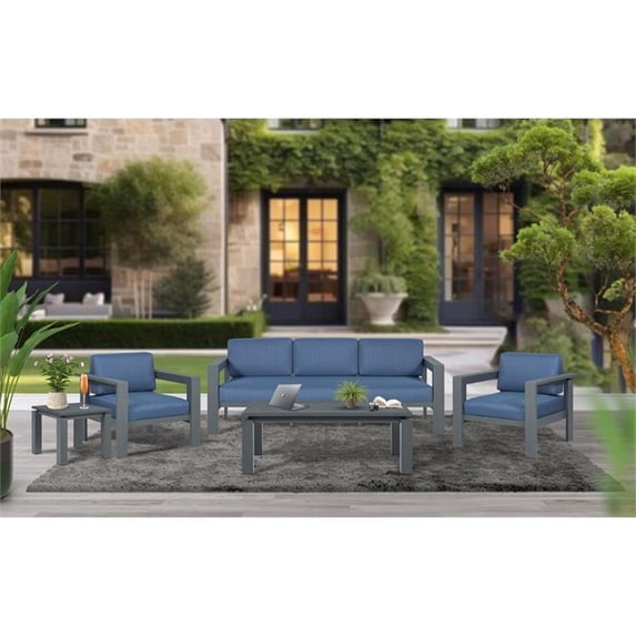 Pemberly Row Outdoor Arm Chair with Aluminum Metal Frame - Blue ...