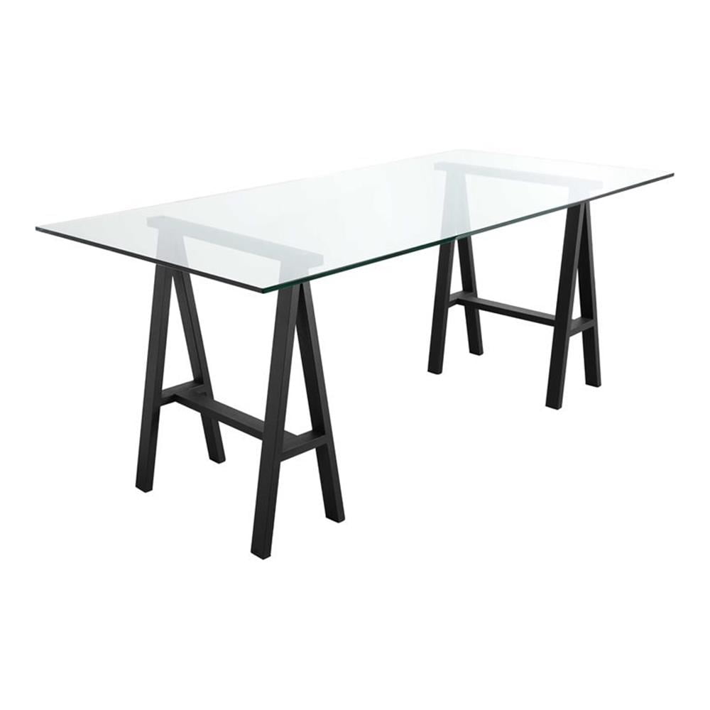 Pemberly Row Polished Steel Metal & Glass Desk in Black Frame/Clear Top ...