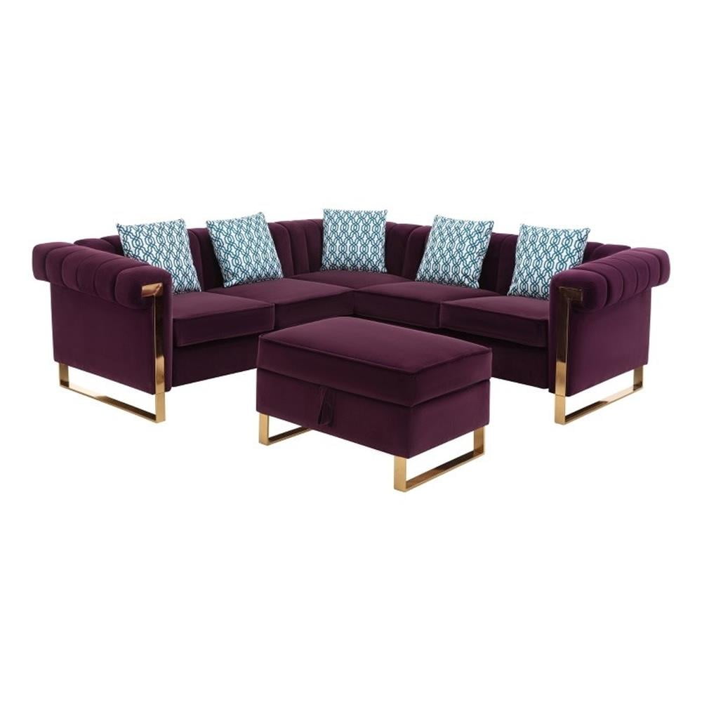 Pemberly Row Purple Velvet 5-Seater Sectional Sofa with Storage Ottoman ...