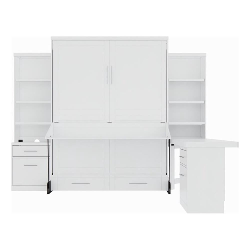 Pemberly Row Queen 2-Pier Solid Wood Murphy Deskbed & Desk in White ...