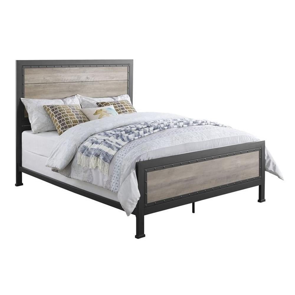 Pemberly Row Queen Industrial Wood and Metal Panel Bed in Gray Wash ...
