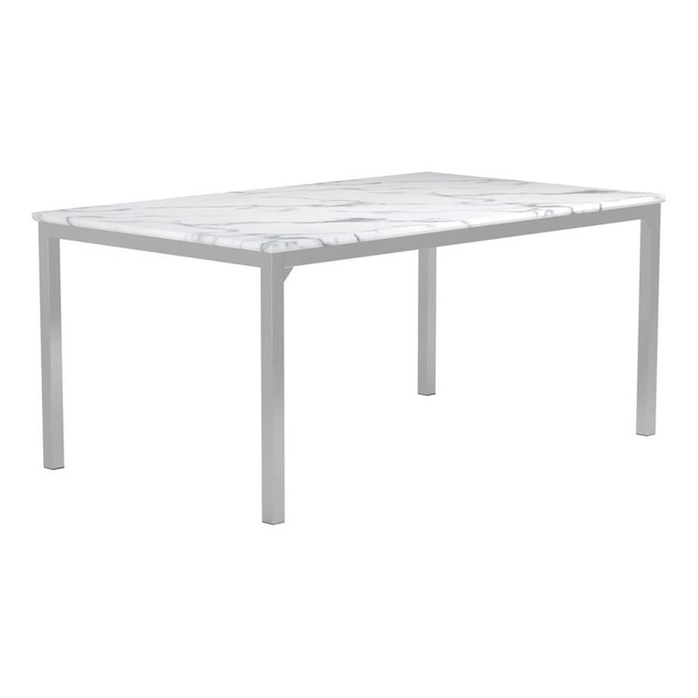 Pemberly Row Rectangle Metal Dining Table with Marble Top in Chrome ...