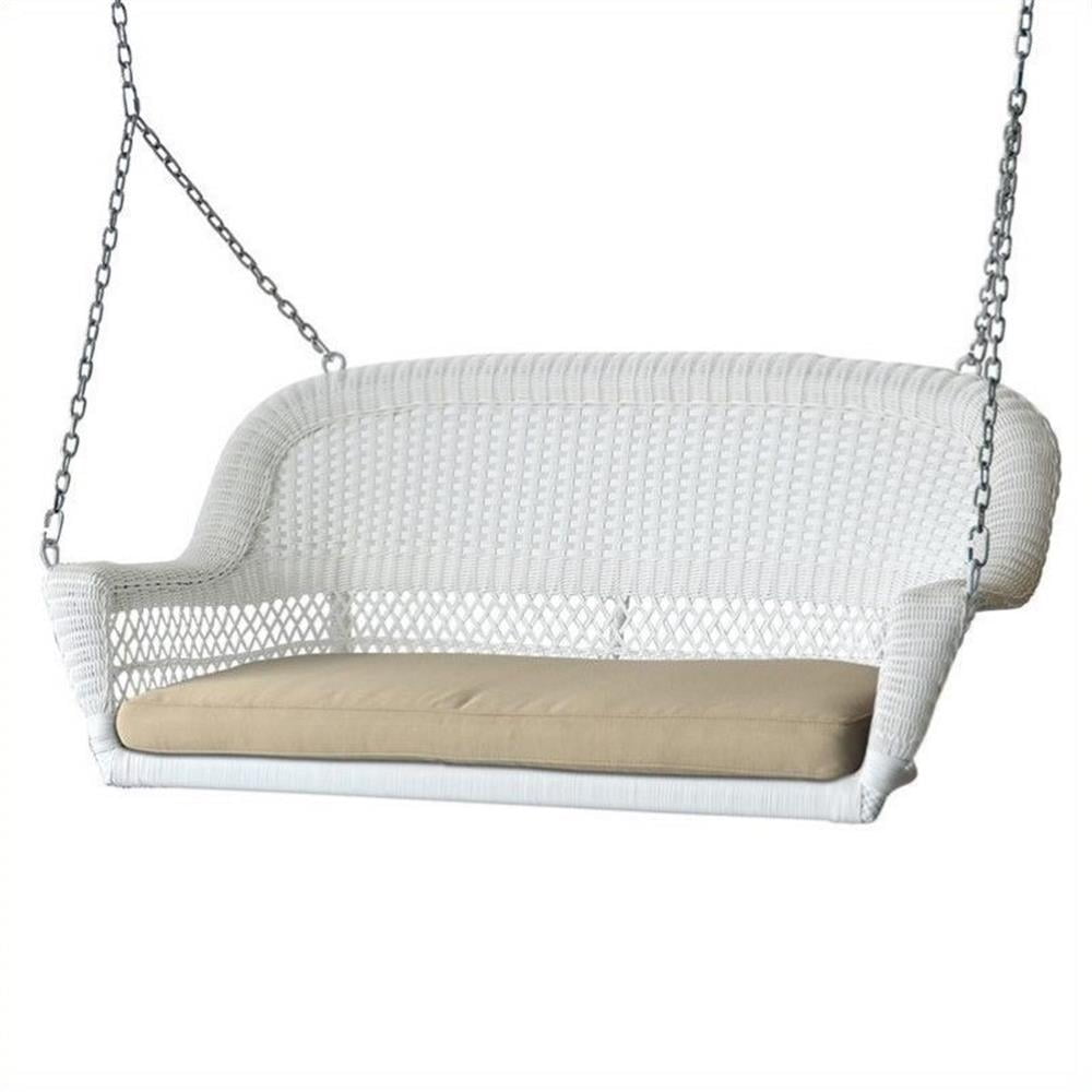 Pemberly Row Resin Wicker Porch Swing with Cushion in White and Tan ...