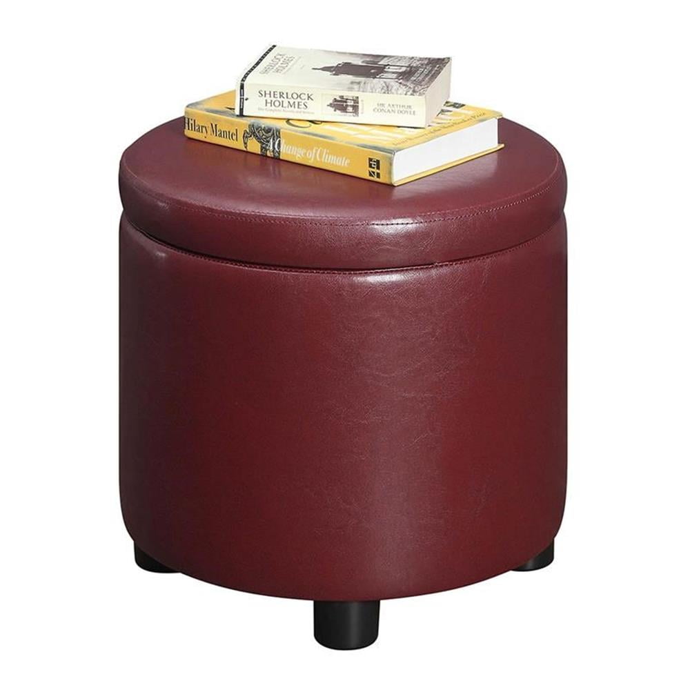 Pemberly Row Round Accent Storage Ottoman in Burgundy Red Faux Leather ...