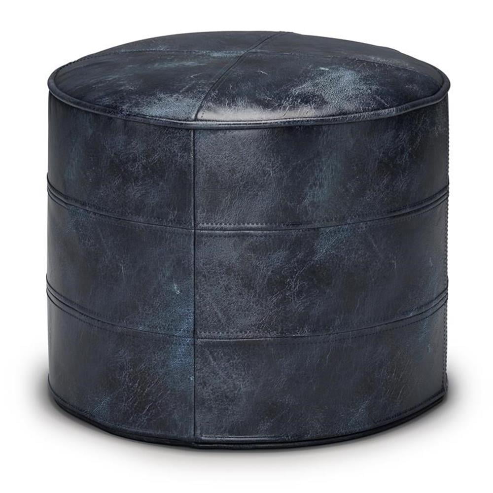Pemberly Row Round Pouf in Distressed Navy Blue Genuine Leather ...
