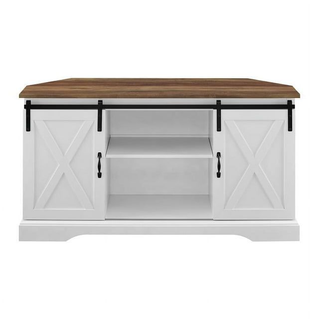 Pemberly Row Rustic Wood Corner TV Stand for TVs up to 52" in Oak/Solid ...