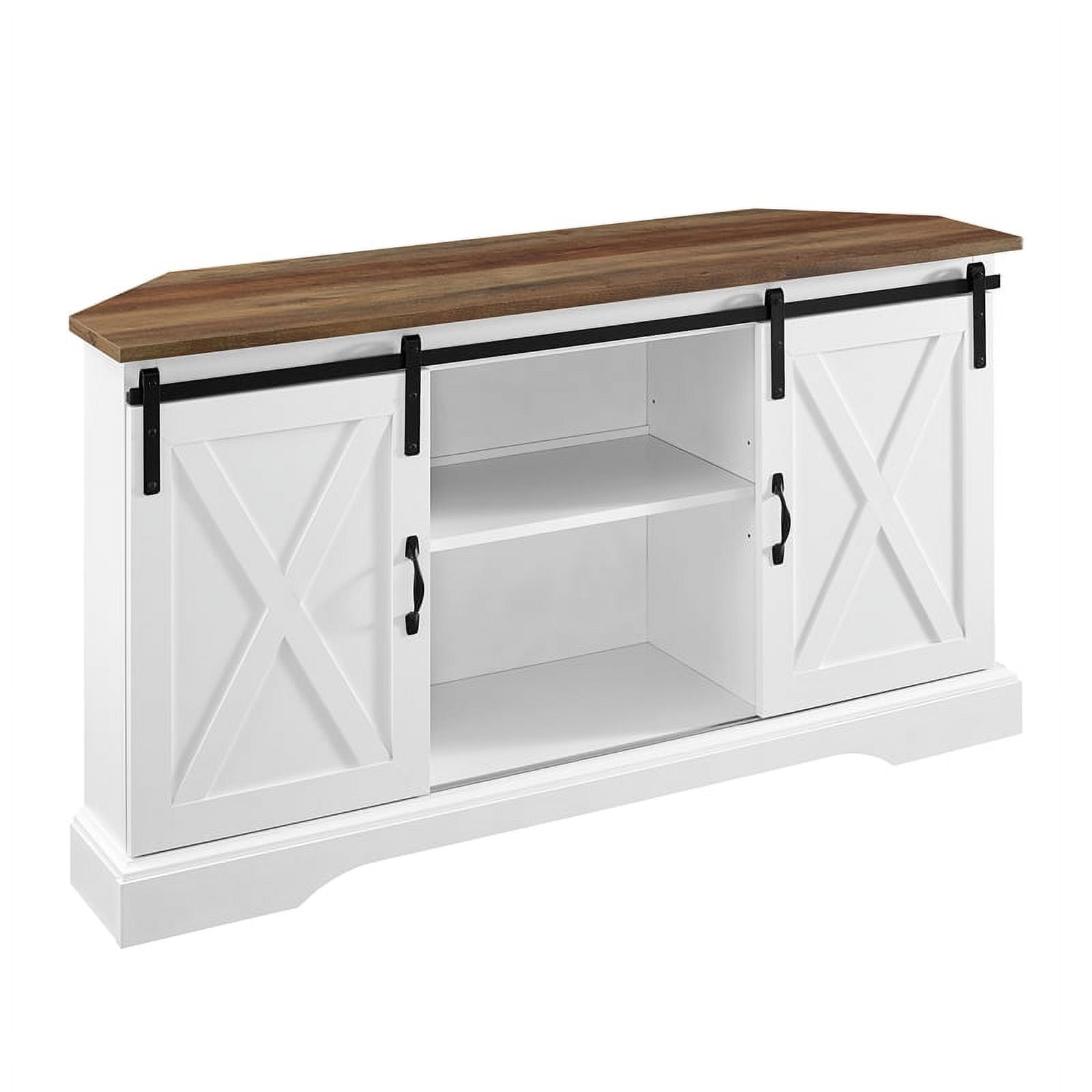 Pemberly Row Rustic Wood Corner TV Stand for TVs up to 52" in Oak/Solid ...