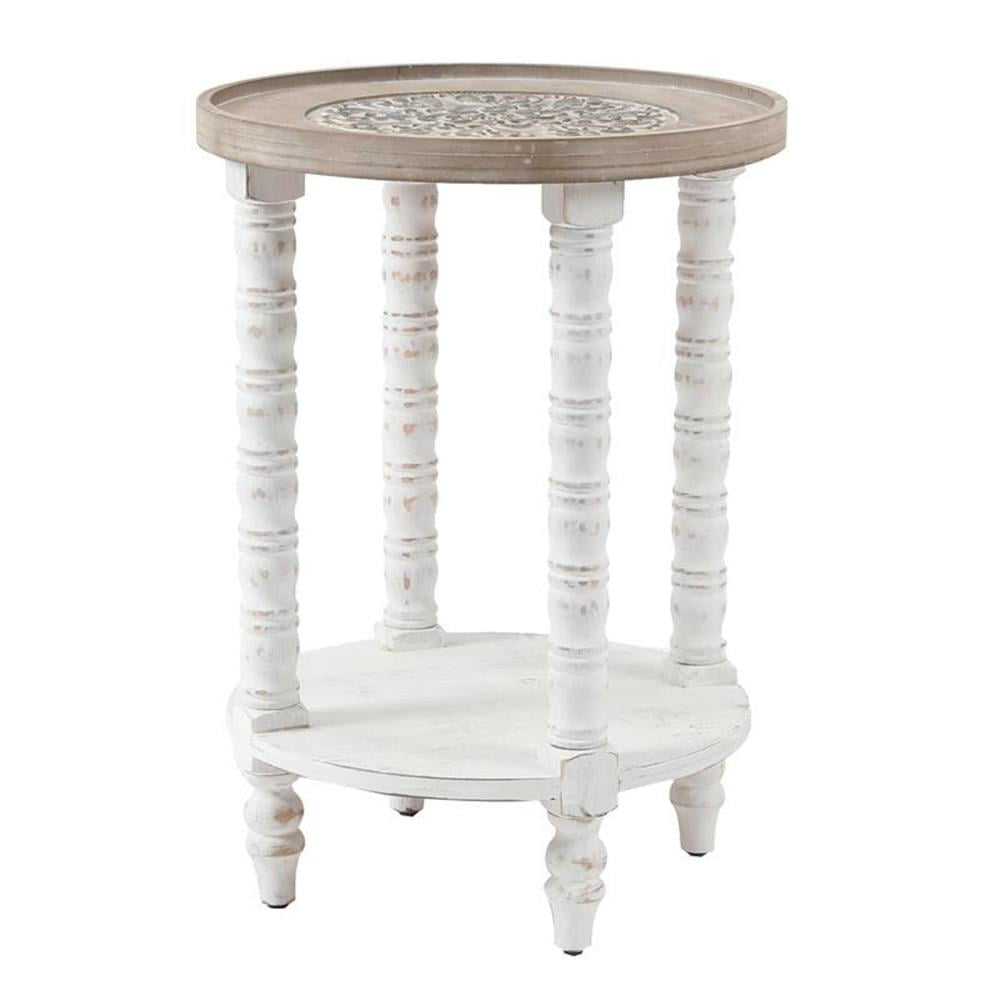 Pemberly Row Rustic Wood Round Accent Side Table with Storage in White ...
