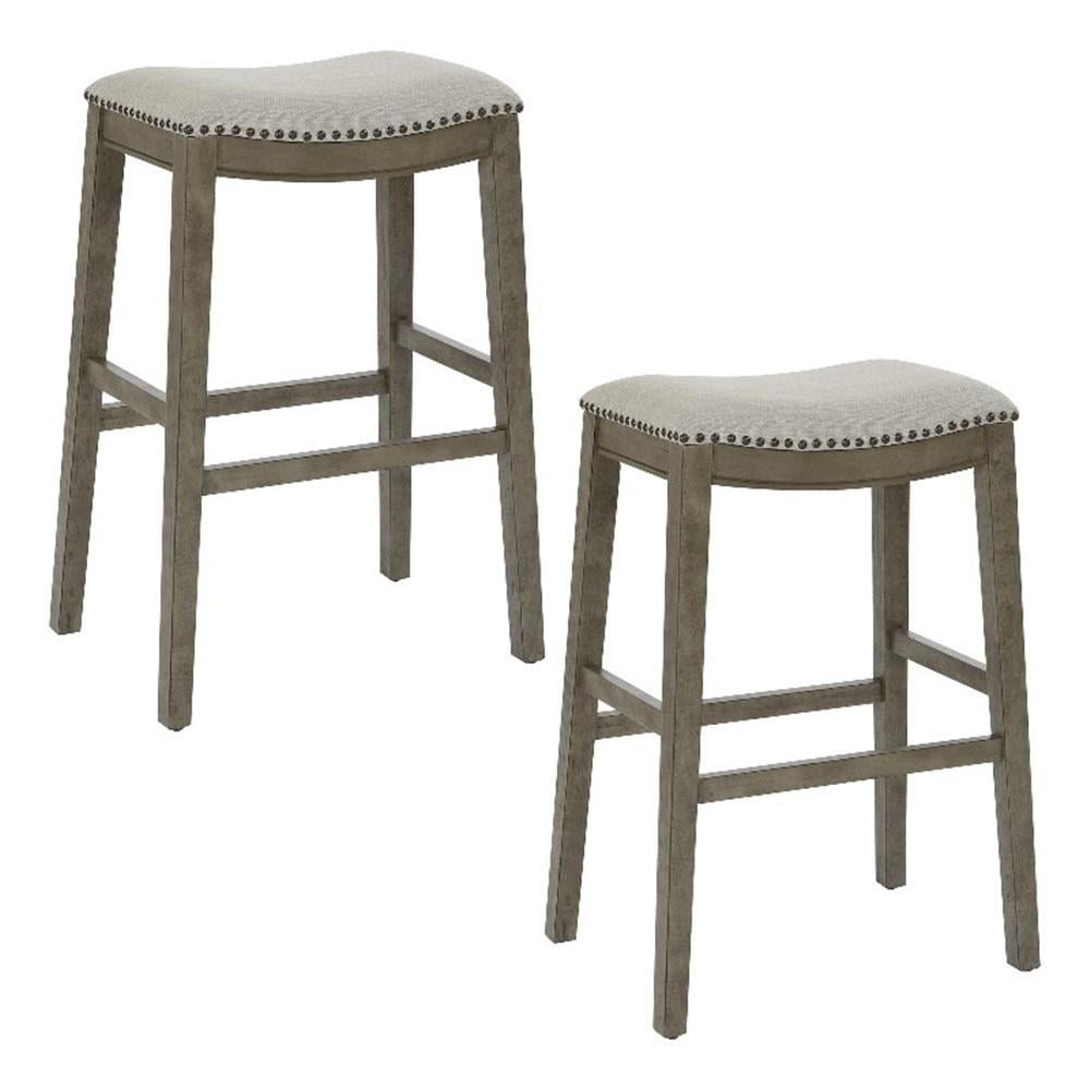 Pemberly Row Saddle Fabric Gray Stool with Antique Gray Base ...