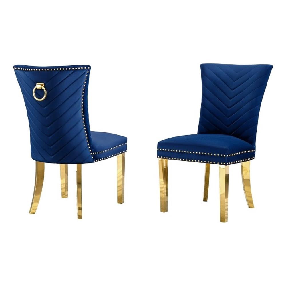 Pemberly Row Set of 2 Navy Blue Velvet Chairs w/ Gold Stainless Steel ...
