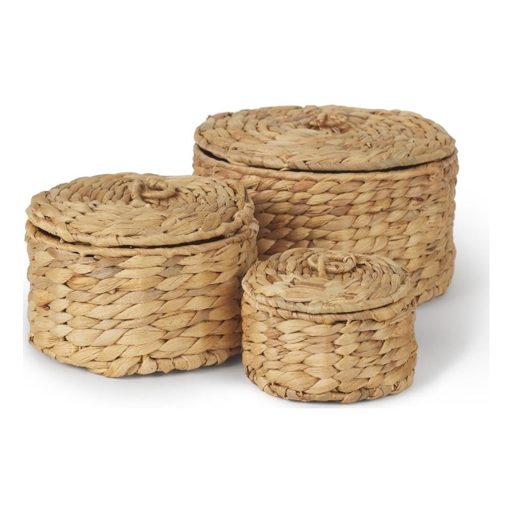 Pemberly Row Set of 3 Nesting Water Hyacinth Boxes With Lids in Brown ...