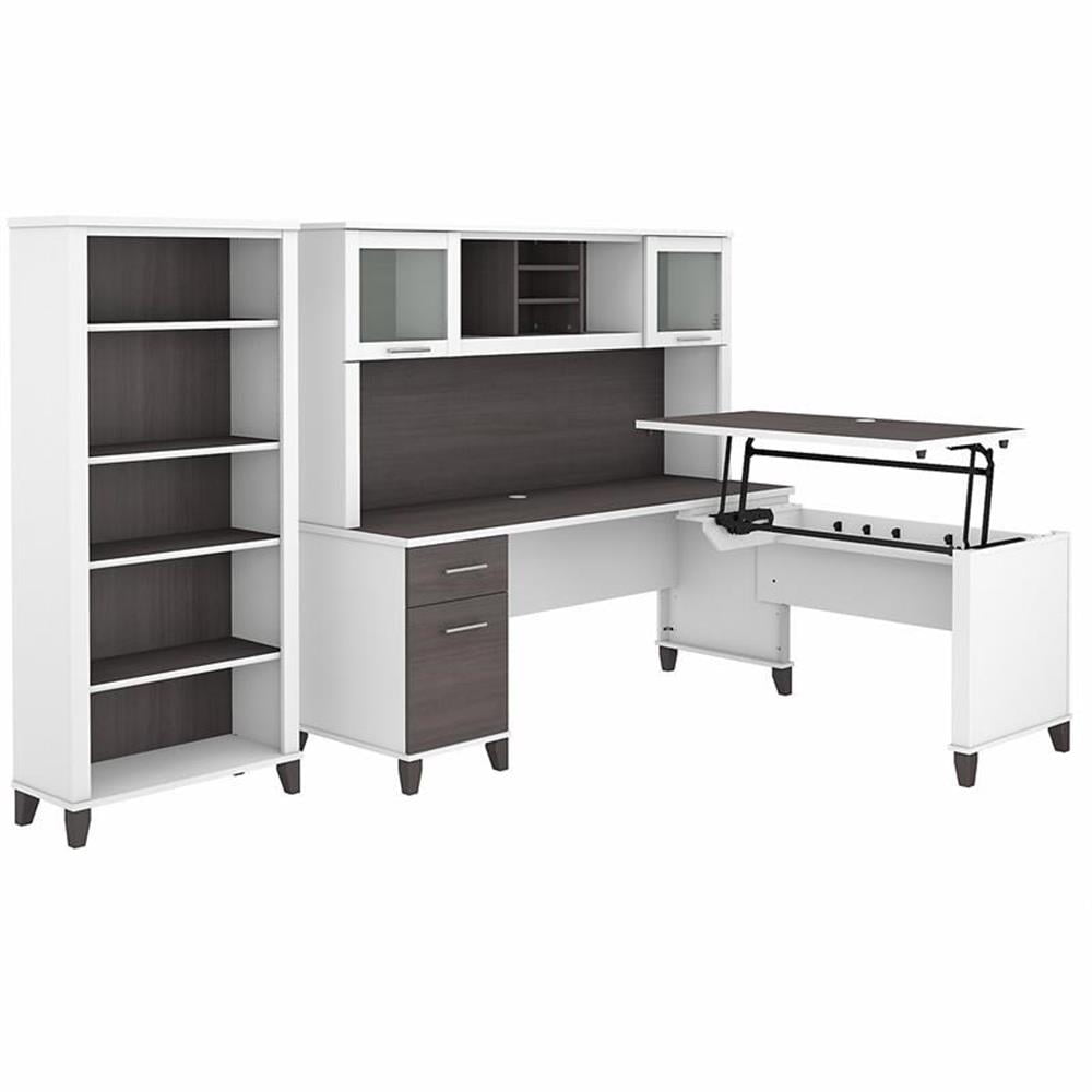 Pemberly Row Sit to St& L Desk Set with Bookcase in White/Gray ...